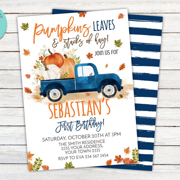 Fall Blue Truck Birthday Invitation - Etsy