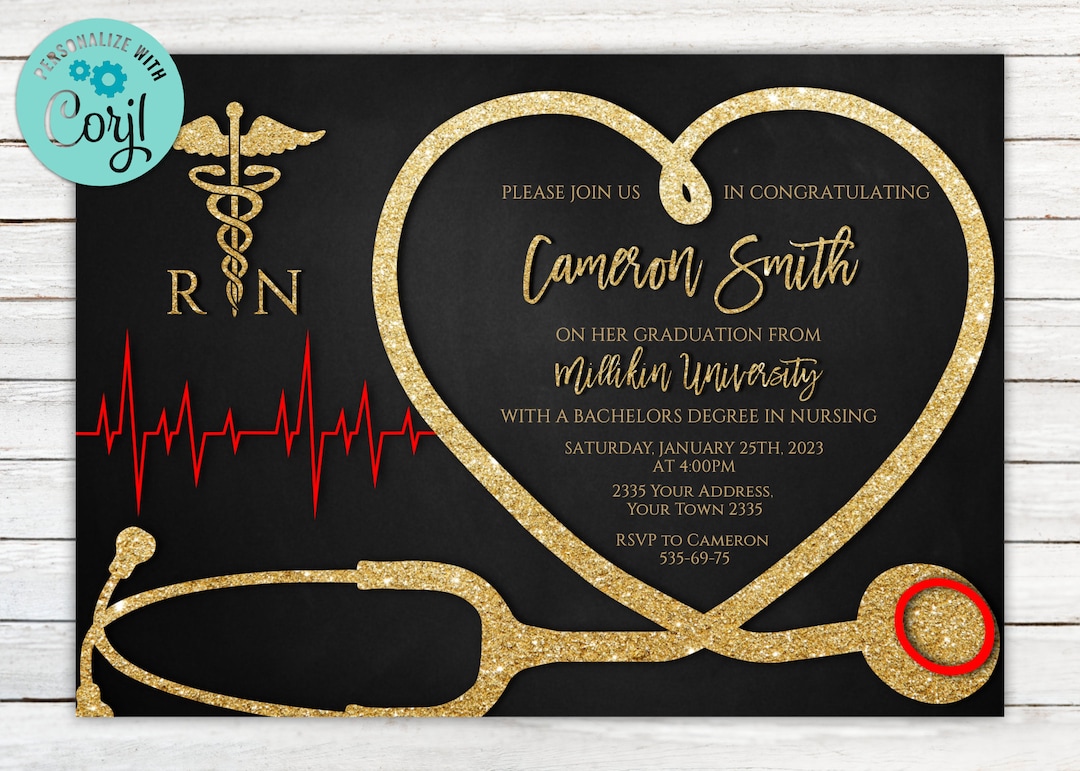 Editable Nursing Graduation Invitation, RN, Gold Stethoscope (digital ...