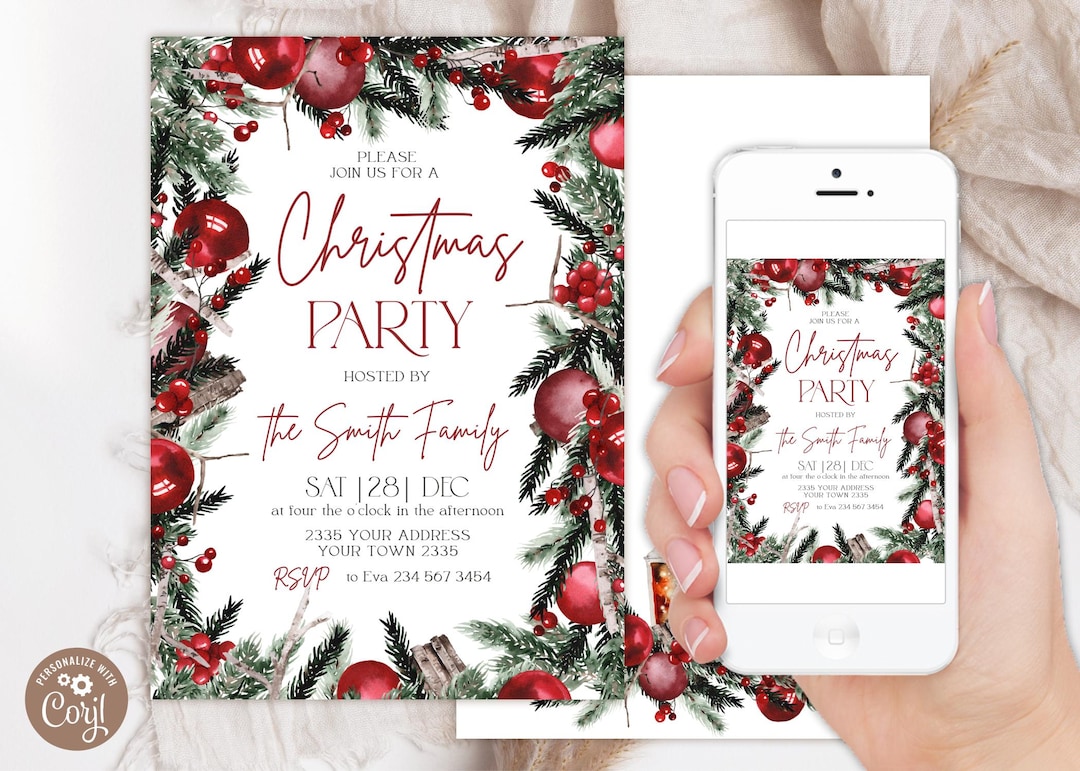 Editable Christmas Party Invitation With Winter Floral (digital) - Etsy