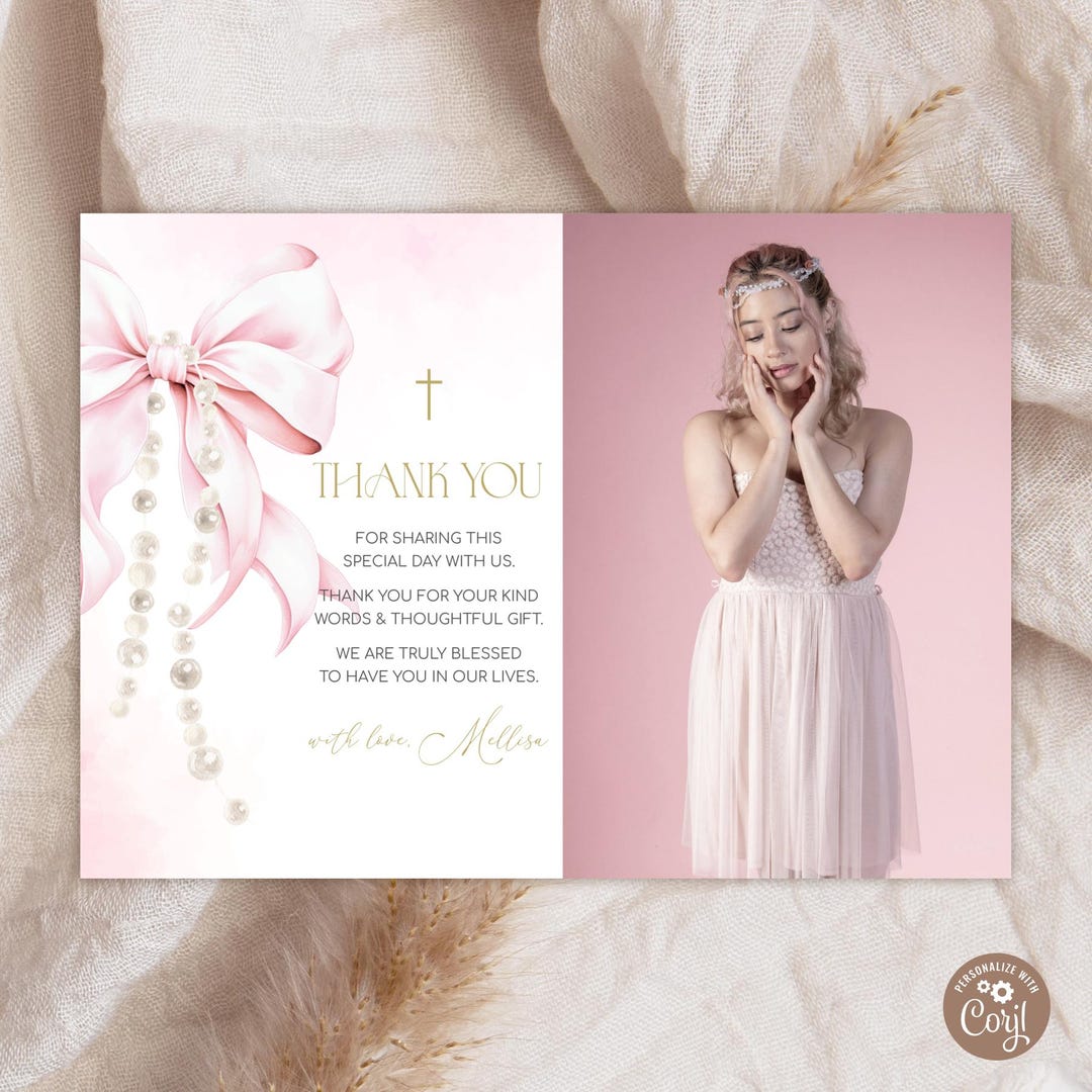 Editable First Holy Communion Photo Thank You Card With Pink Bow and ...