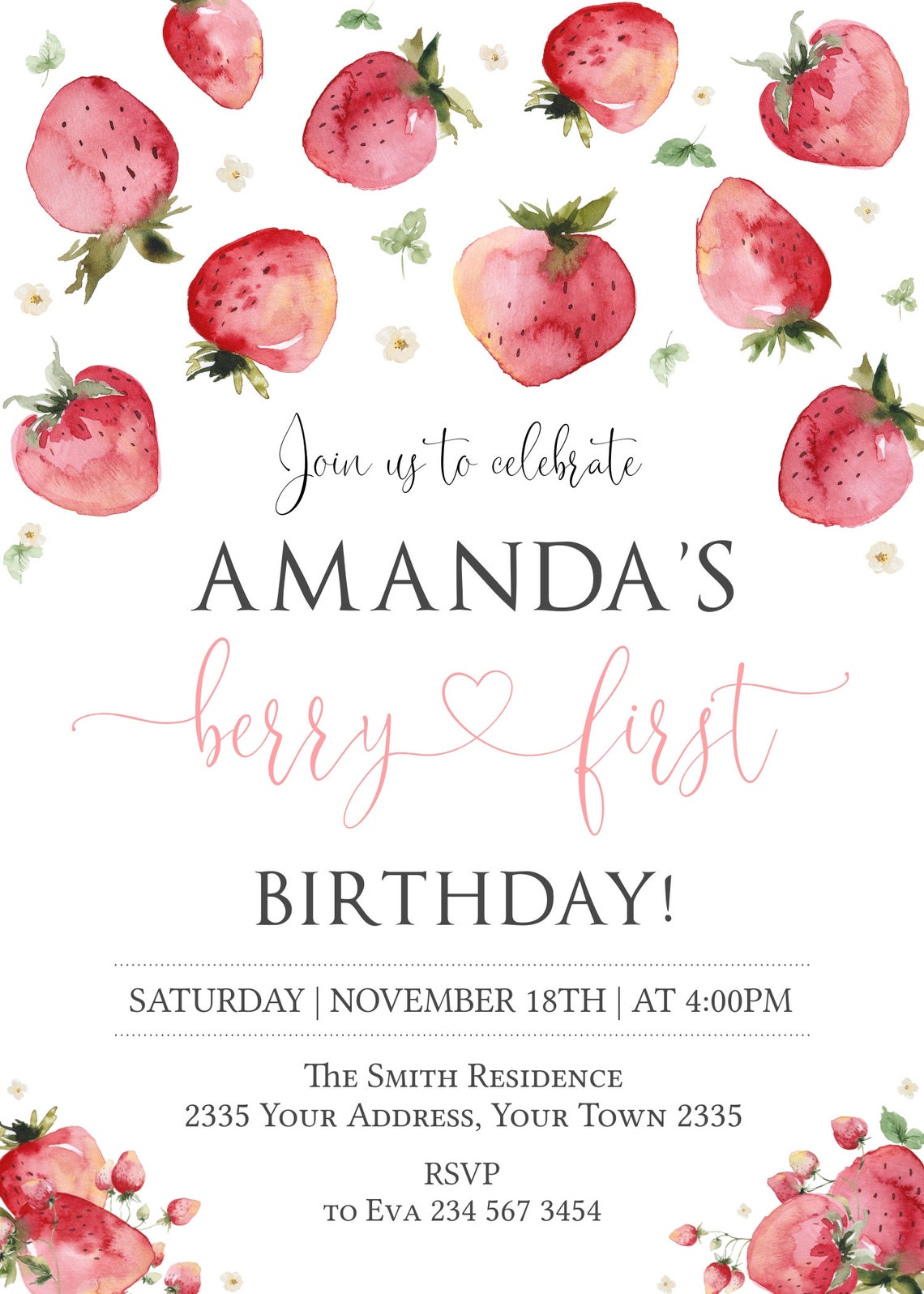 Editable Strawberry Birthday Invitation. First Birthday | Etsy