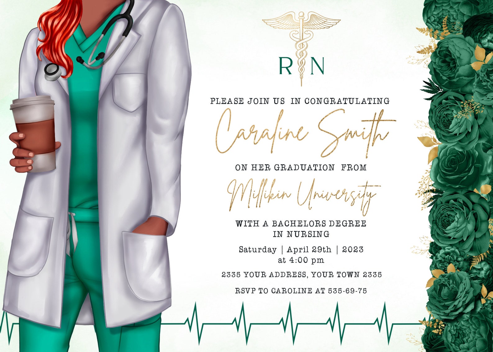 Editable Nursing Graduation Invitation. Registered Nurse Emerald Floral ...