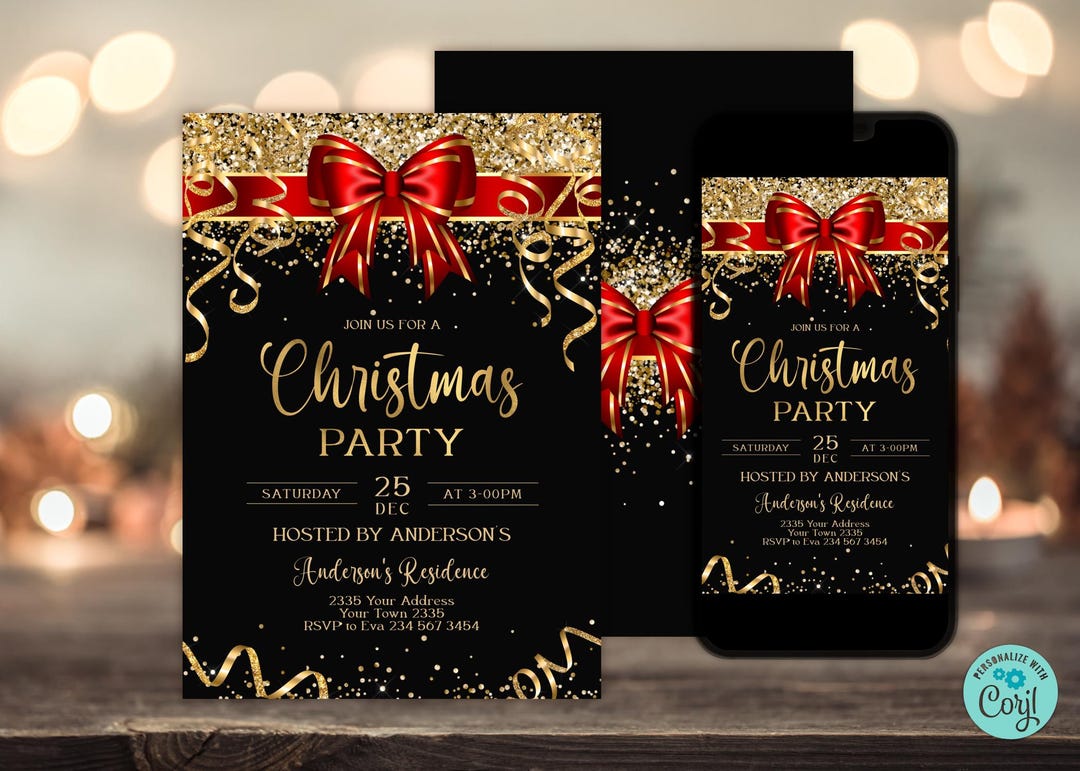 Editable Christmas Party Invitation. Red Black and Gold Christmas Party ...