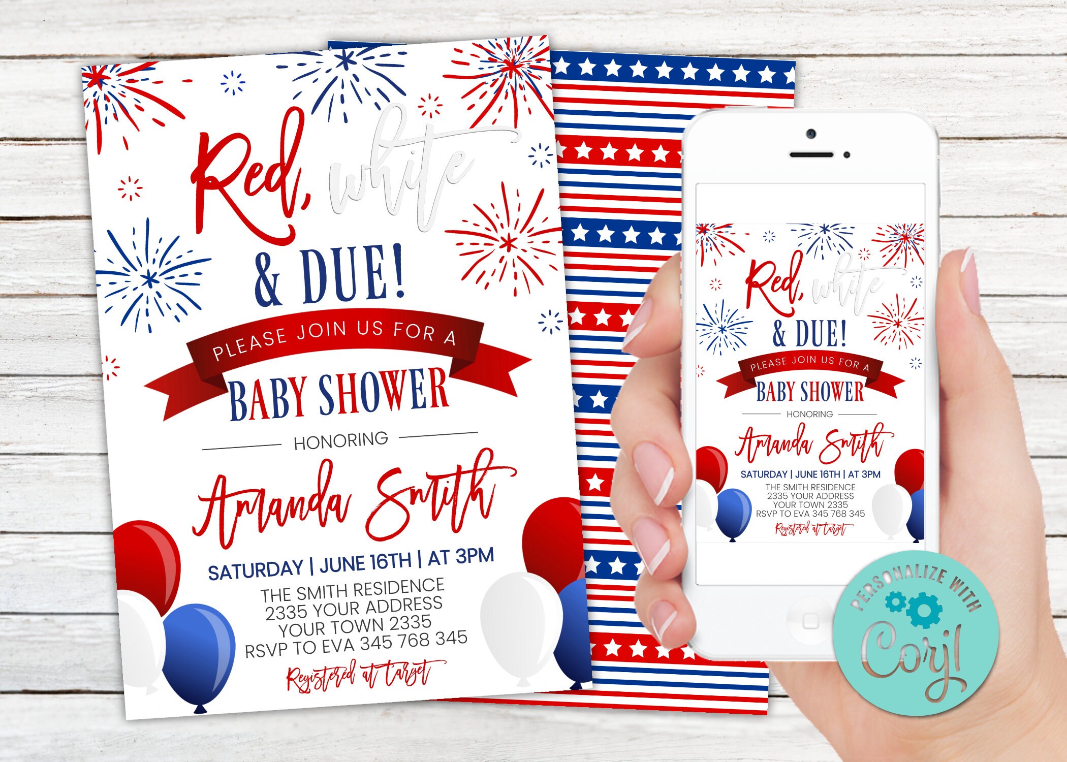 Editable Red White and Due Baby Shower Invite. 4th of July Baby Shower ...