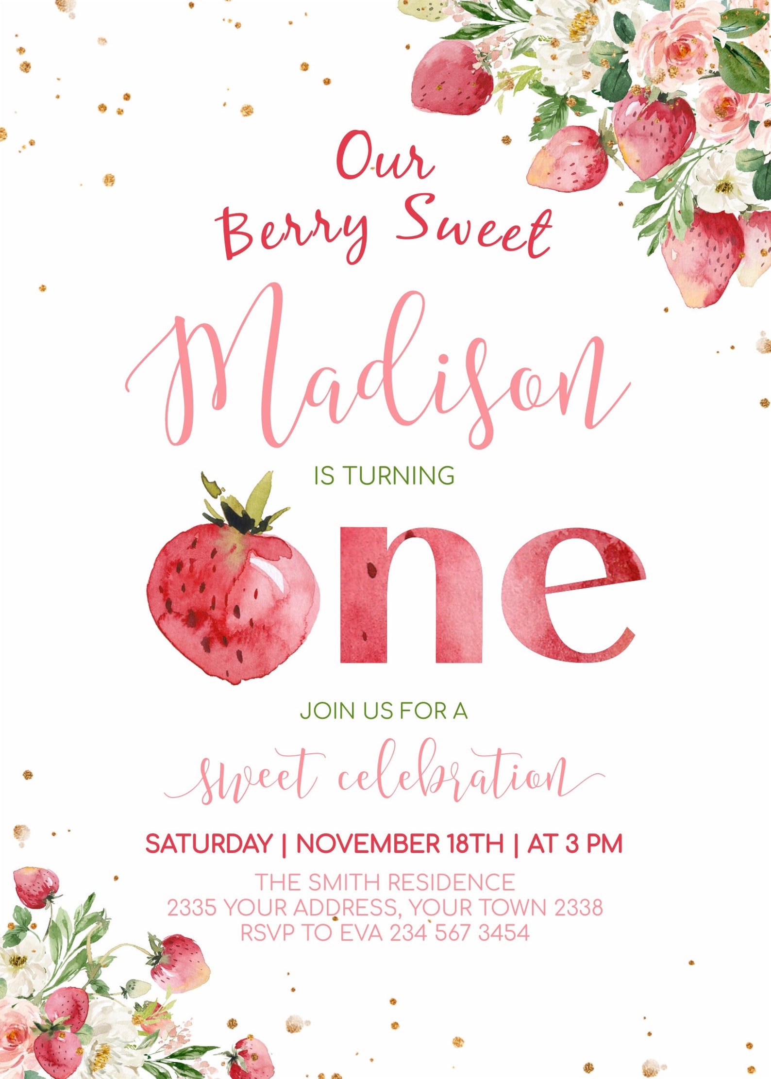 Editable Strawberry Birthday Invitation. First Birthday - Etsy