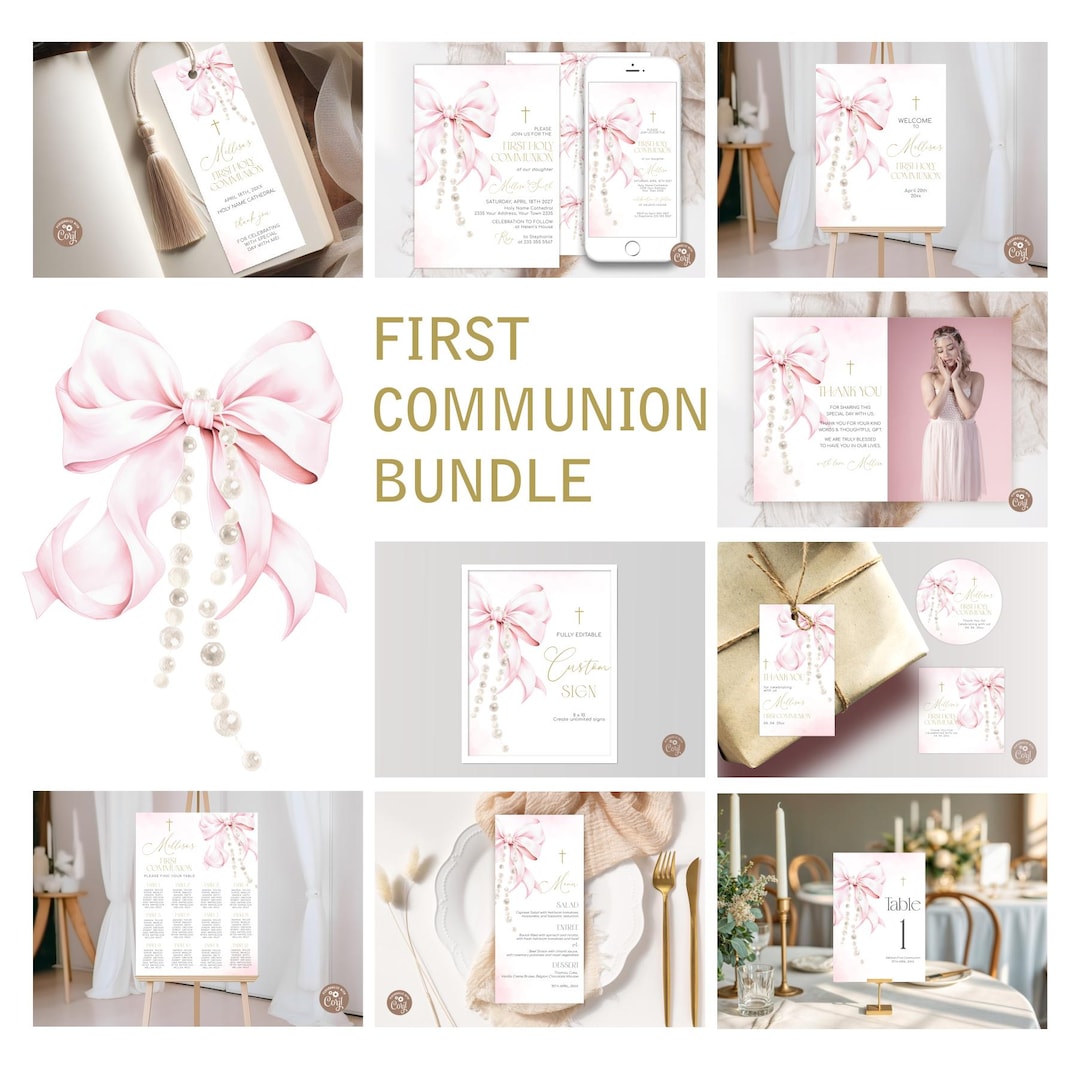 Editable First Holy Communion Invitation Bundle With Pink Bow and ...