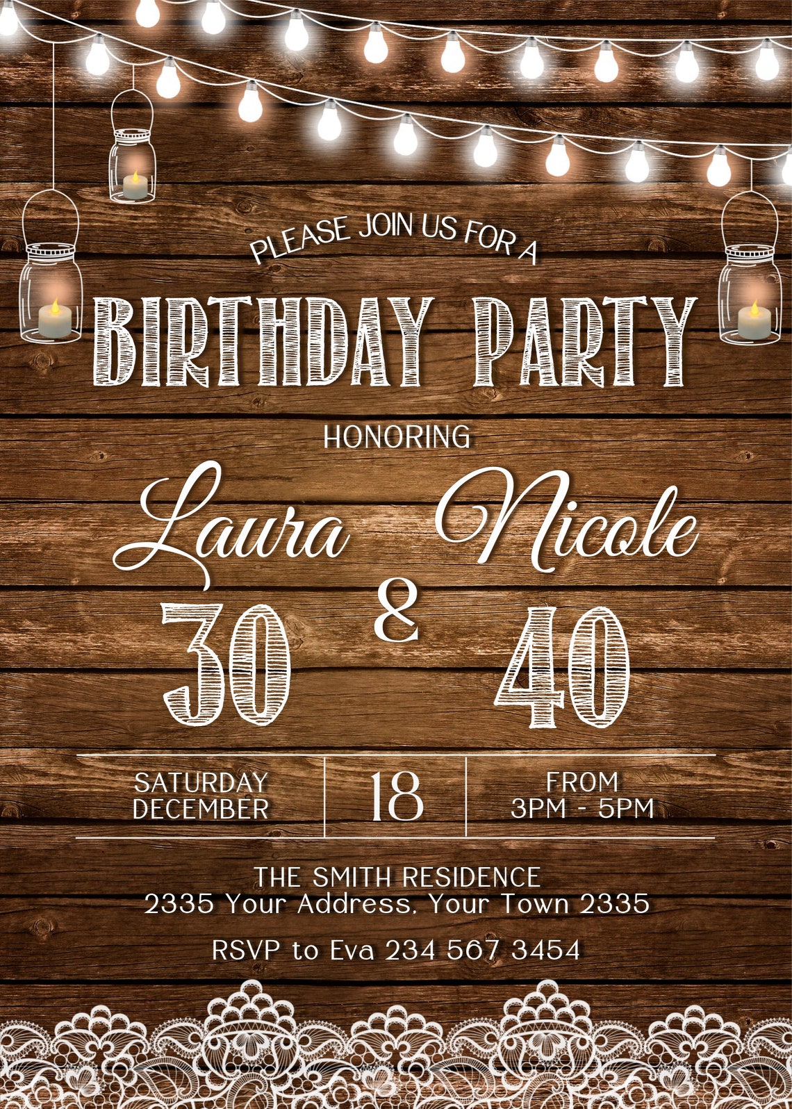 Rustic Joint Birthday Invitation, Lights, Lace (digital Item) - Etsy