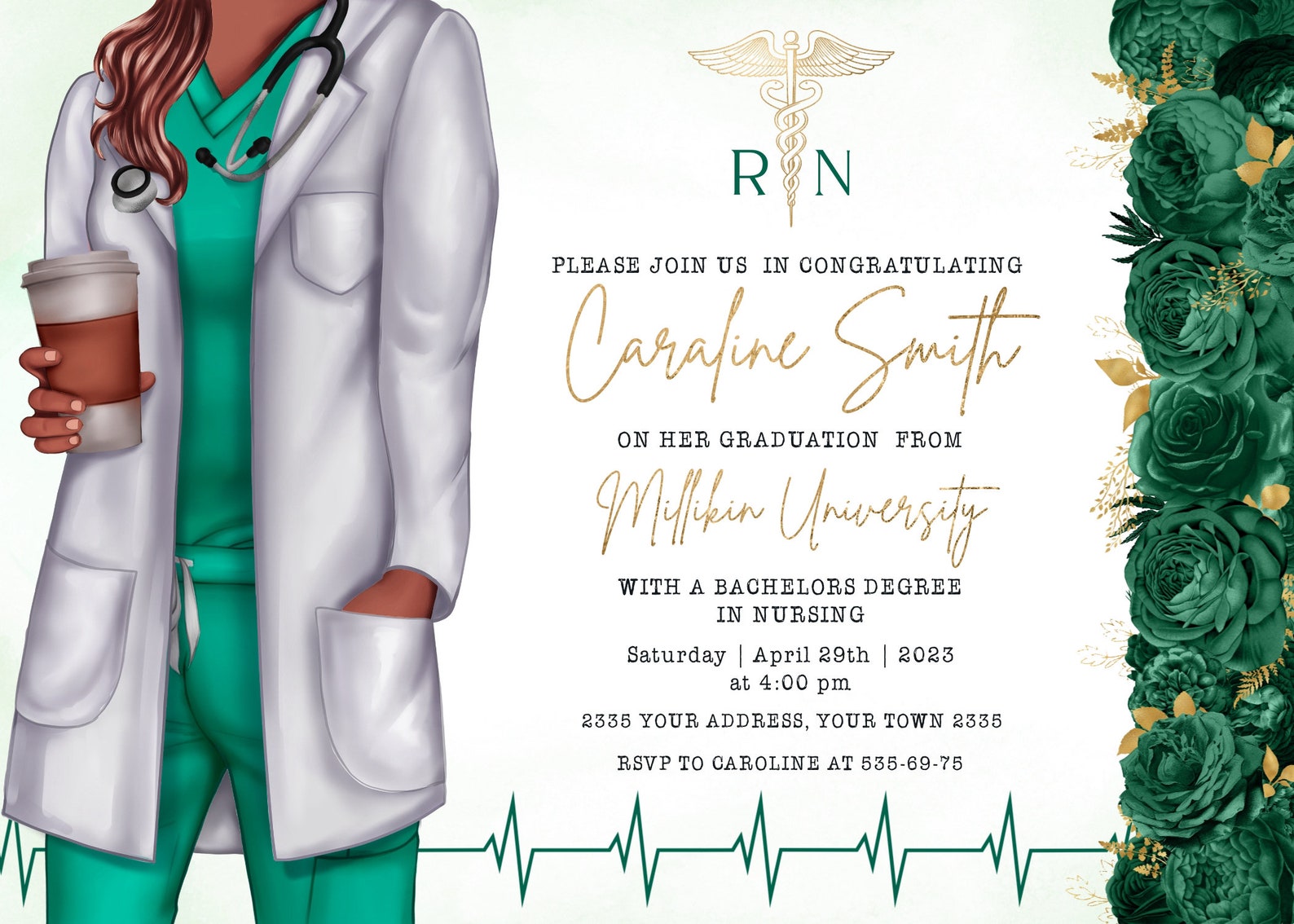 Editable Nursing Graduation Invitation. Registered Nurse Emerald Floral ...