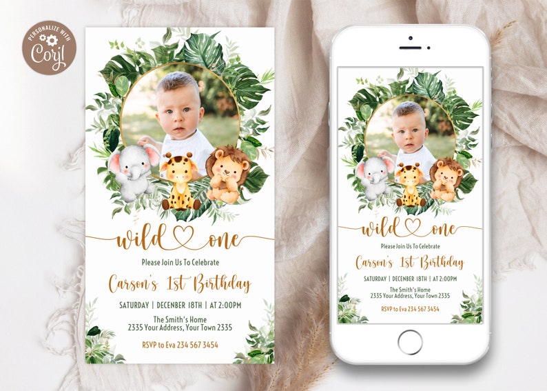 Editable Safari Birthday Invitation. Wild One Birthday Evite With Photo ...