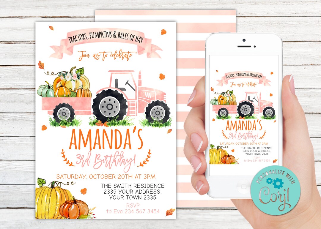 Editable Tractors, Pumpkins, Bales of Hay Birthday Invitation. Pink ...