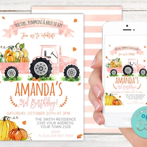 Editable Tractors, Pumpkins, Bales of Hay Birthday Invitation. Pink ...