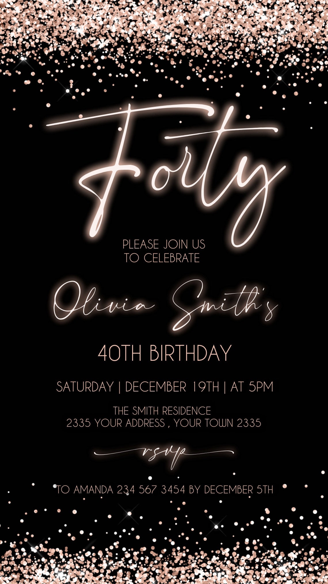 Editable 40th Birthday Invitation. Glitter Pink Neon Birthday - Etsy