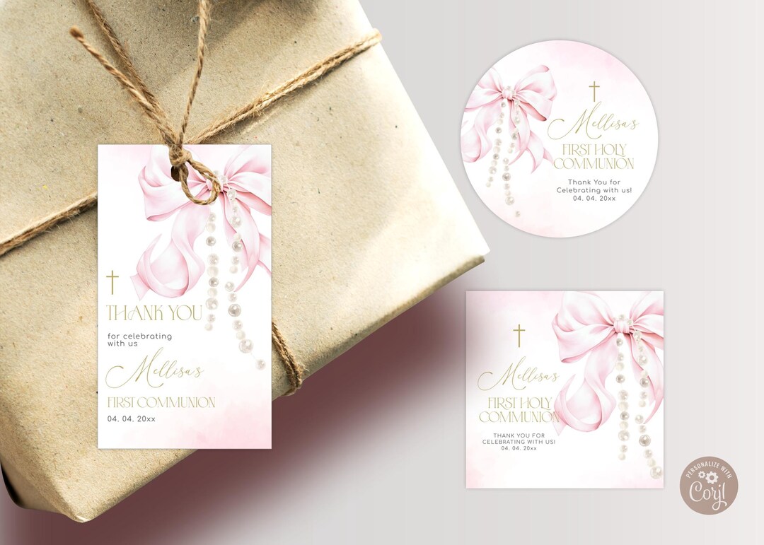 Editable First Holy Communion Tags Set With Pink Bow and Pearls ...