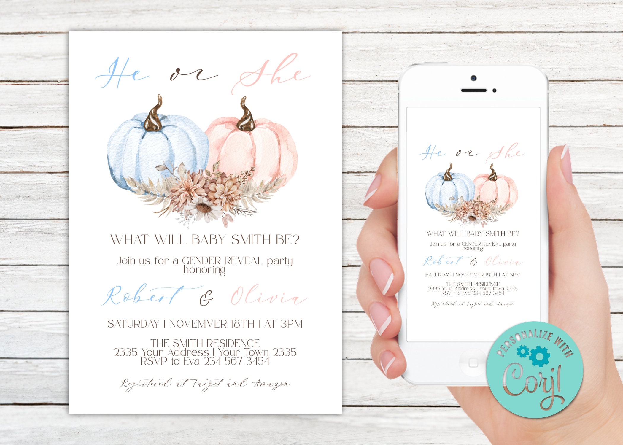 Editable Pumpkin Gender Reveal Invitation. Fall Gender Reveal Party ...