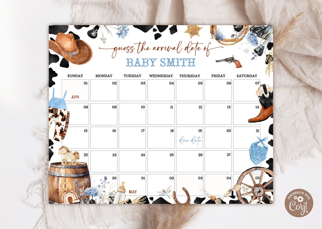 Editable A Little Cowboy Baby Shower Due Date Calendar Game. Guess Baby ...