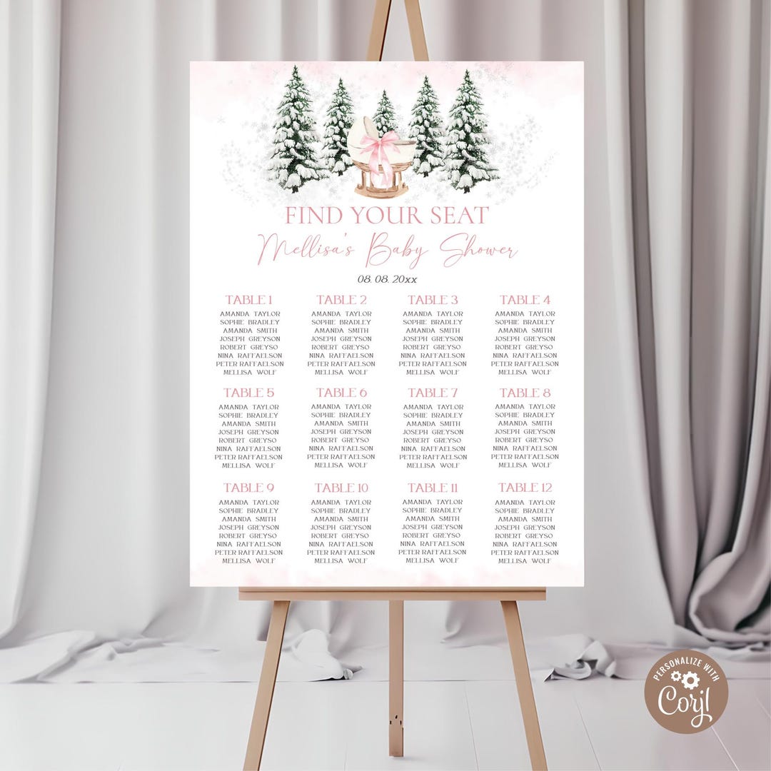 Editable Winter Pink Bow Cradle Baby Shower Seating Chart. Baby It's ...