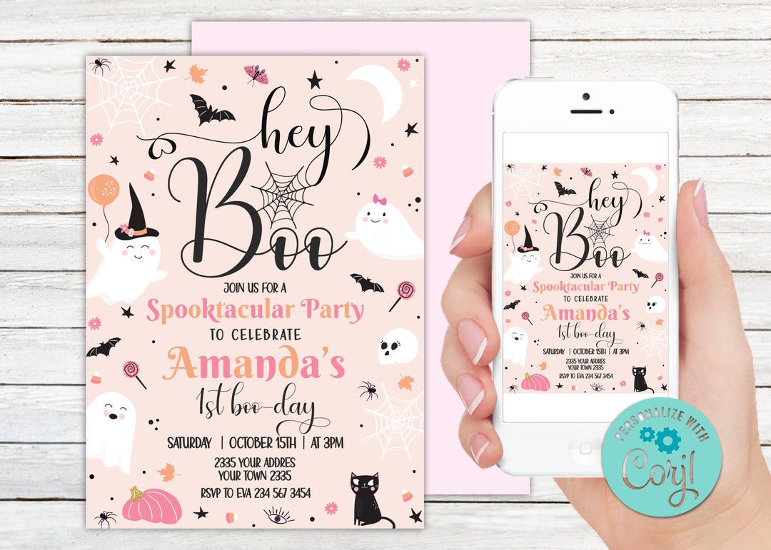 Editable Halloween Pink Ghost Birthday Invitation. Hey Boo Birthday ...