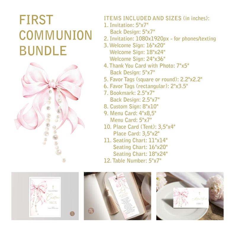Editable First Holy Communion Invitation Bundle With Pink Bow and ...