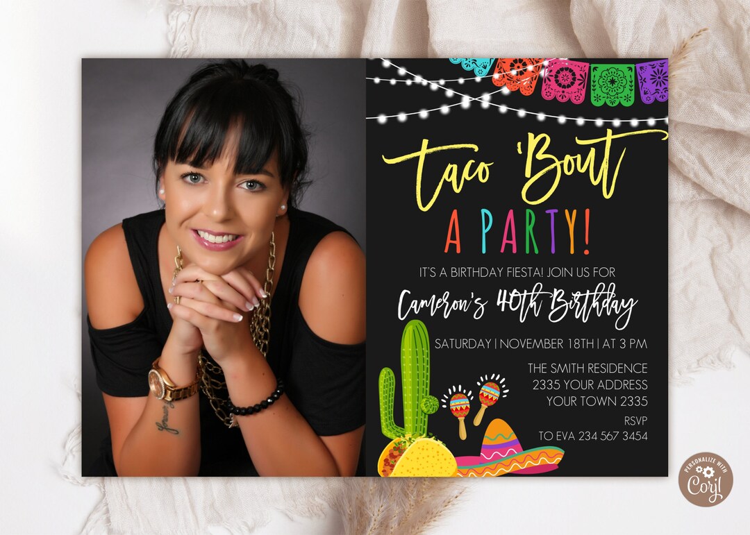 Editable Taco 'bout Birthday Party Invitation With Photo. Fiesta ...