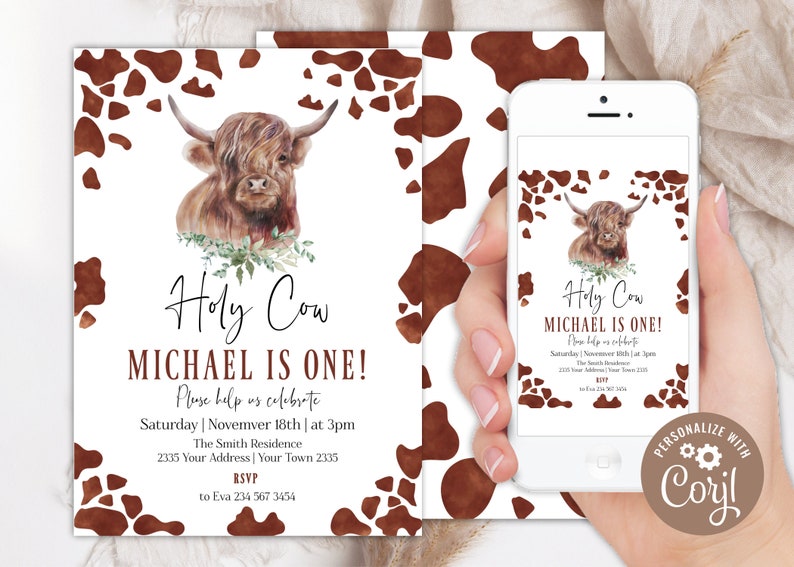 Editable Highland Cow Birthday Invitation. Little Cow. Holy - Etsy