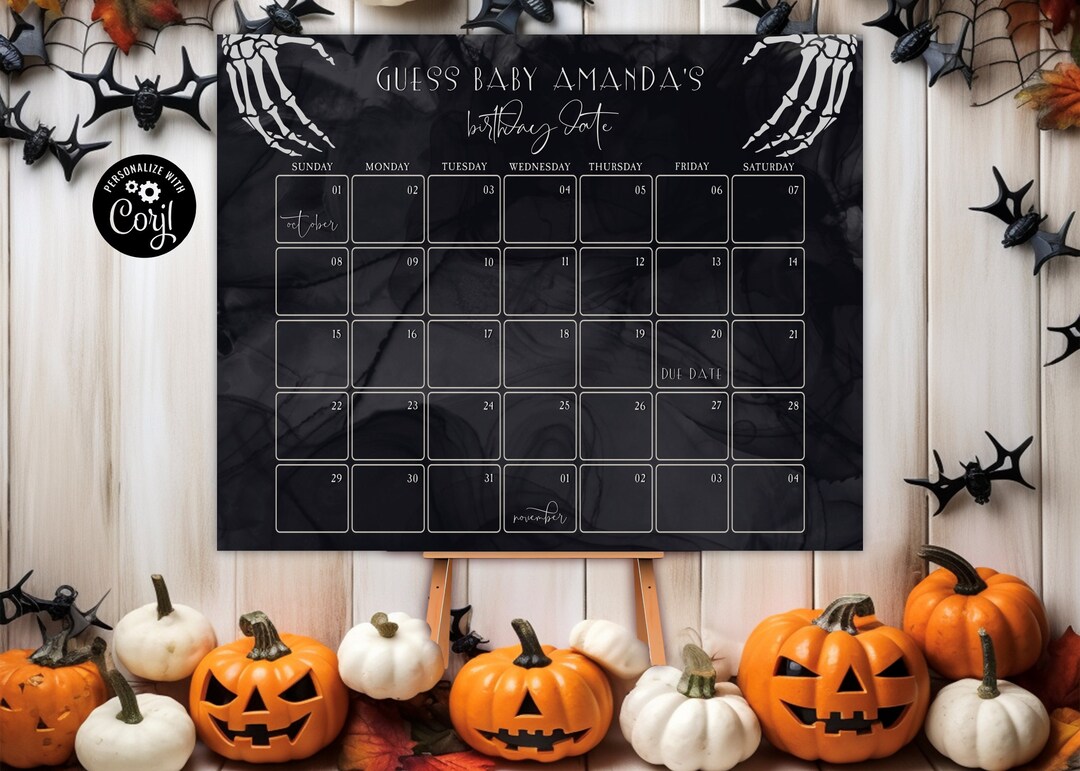 Halloween Baby Shower Due Date Calendar Game: Gothic Skellington ...