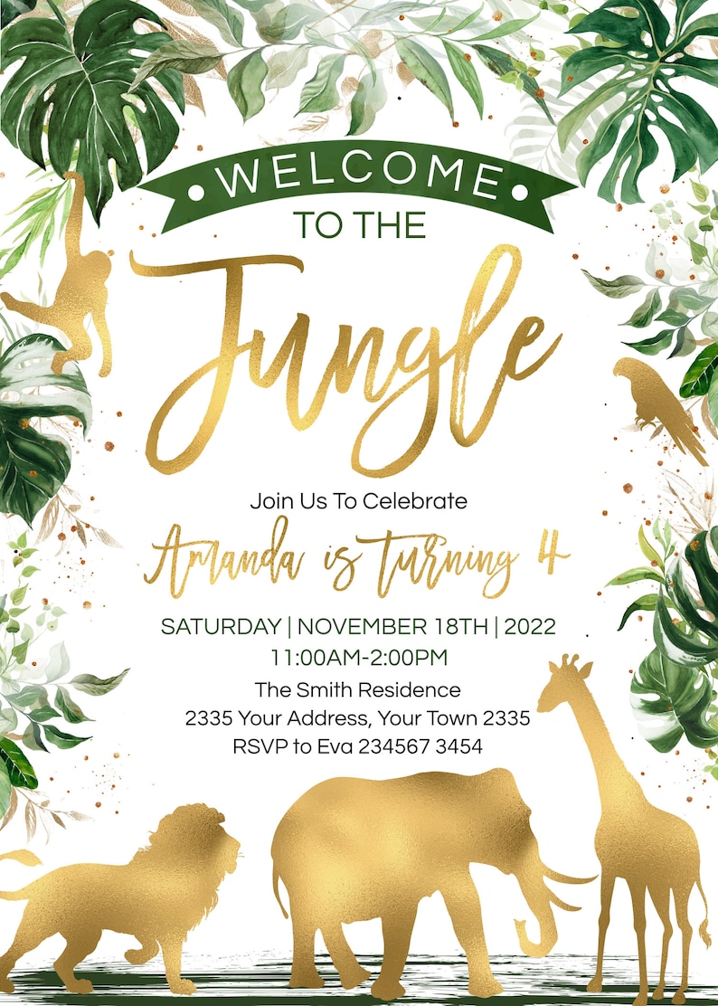 Editable Jungle Birthday Party Invitation. Gold Jungle - Etsy