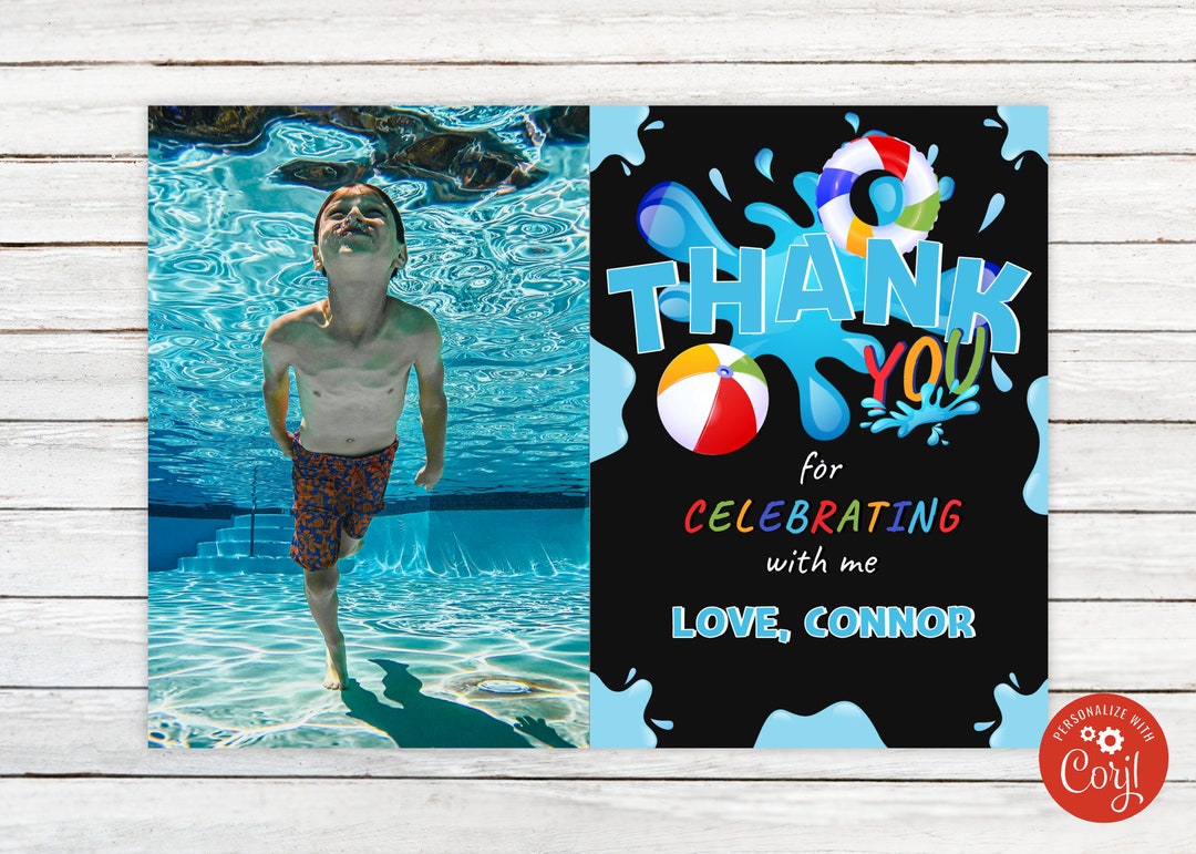 Editable Summer Pool Birthday Party Thank You Card With Photo. School ...