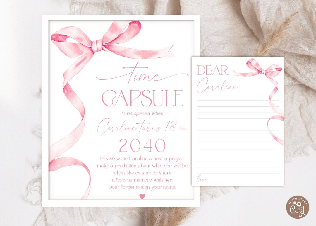 Editable Pink Bow First Birthday Time Capsule Sign. Soft Pastel Pink ...