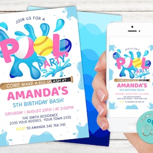 Editable Softball Pool Party Invitation. Sports Pool Birthday Party ...
