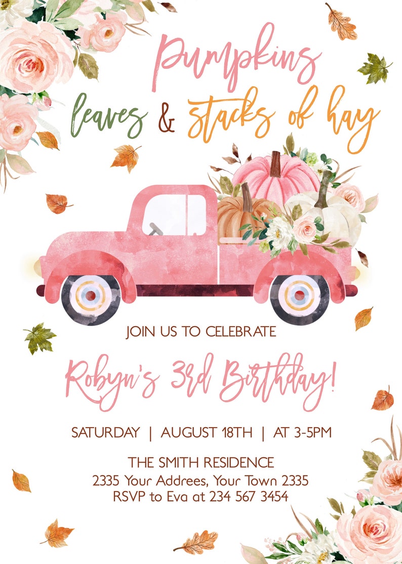 Editable Pumpkin Truck Birthday Party Invitation. Pink Floral Pumpkin ...