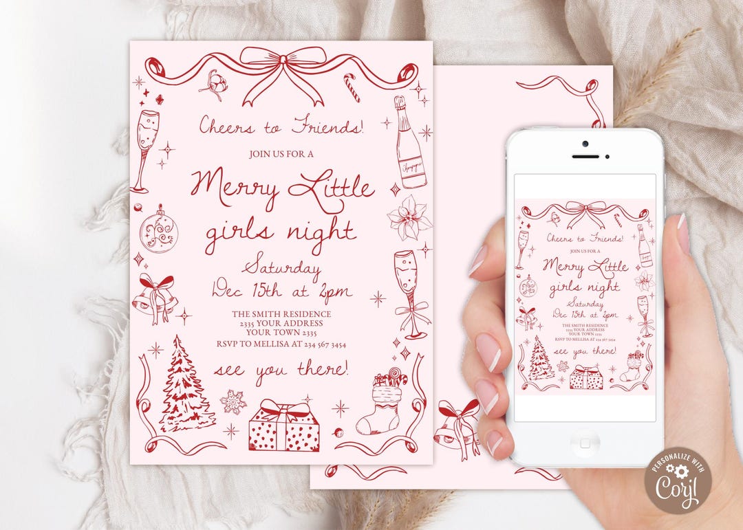 Editable Merry Little Girls Night Christmas Party Invitation. Hand ...