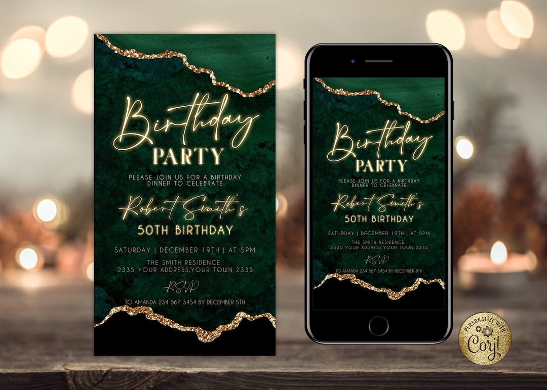 Editable Agate Birthday Party Digital Invitations. Green and Gold ...