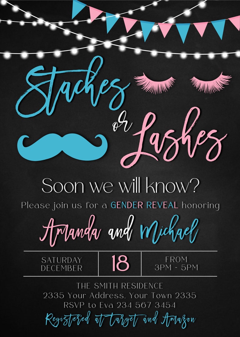 Editable Staches or Lashes Gender Reveal Invitation. Girl or Boy ...