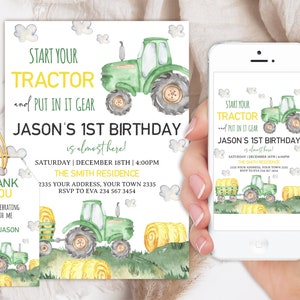 Editable Green Tractor, Bales of Hay Birthday Invitation Bundle ...