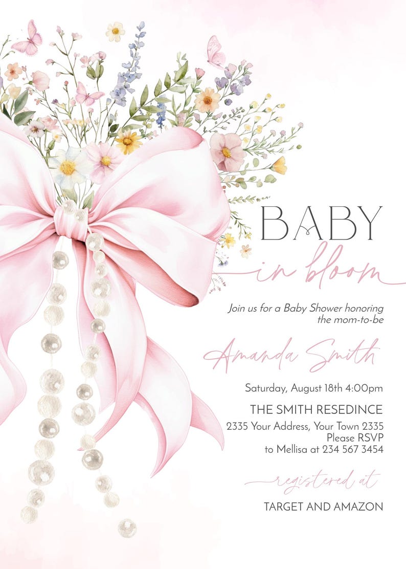 Baby in Bloom Shower Invitation: Pink Bow, Pearls, Wildflowers (digital ...
