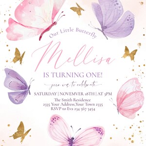 Editable Butterfly Birthday Invitation. Purple Pink Gold Butterfly. 1st ...