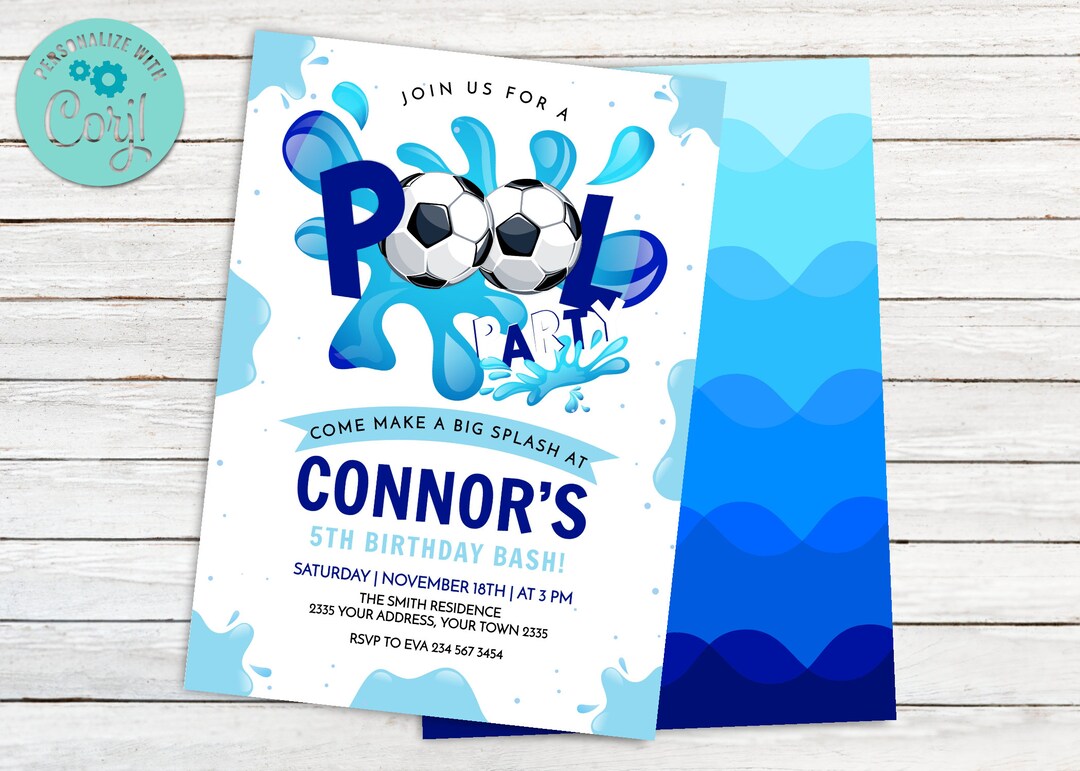 Editable Pool Soccer Birthday Invitation. Pool Birthday Invitation ...