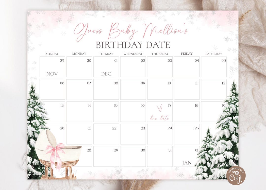 Editable Winter Pink Bow Cradle Baby Shower Due Date Calendar Game ...