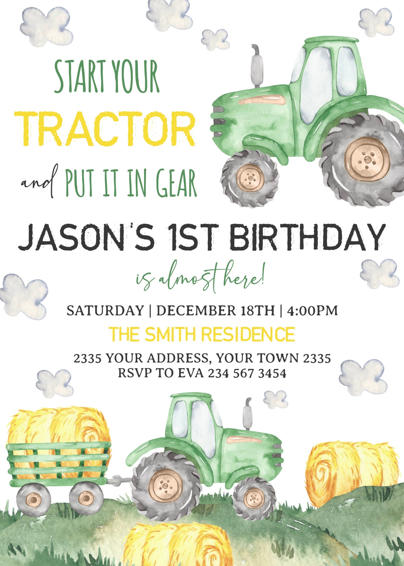 Editable Green Tractor, Bales of Hay Birthday Invitation. Tractor ...