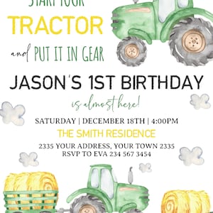 Editable Green Tractor, Bales of Hay Birthday Invitation. Tractor ...