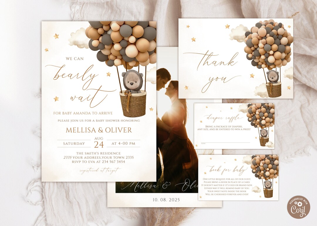 Editable Bear Brown Balloon Baby Shower Invitation Set. We Can Bearly ...