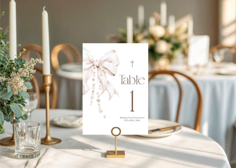 Editable First Holy Communion Table Numbers With Beige Bow and Pearls ...