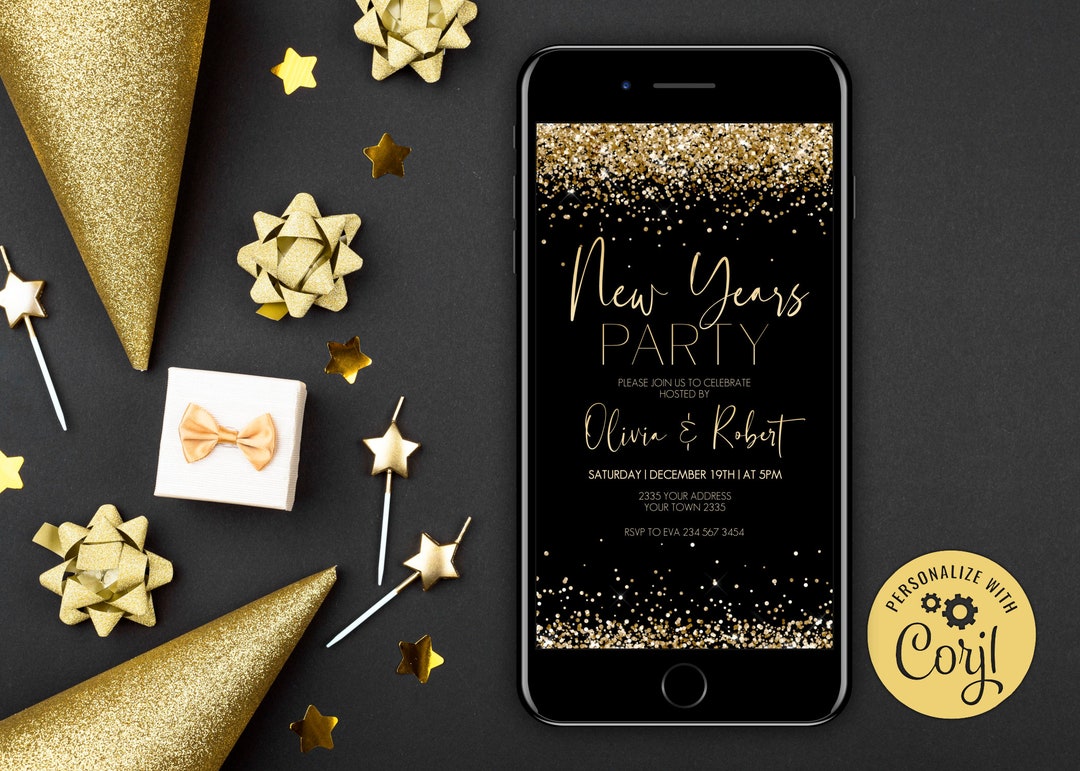 Editable New Years Eve Party Party Invitation. Gold Glitter New Year ...