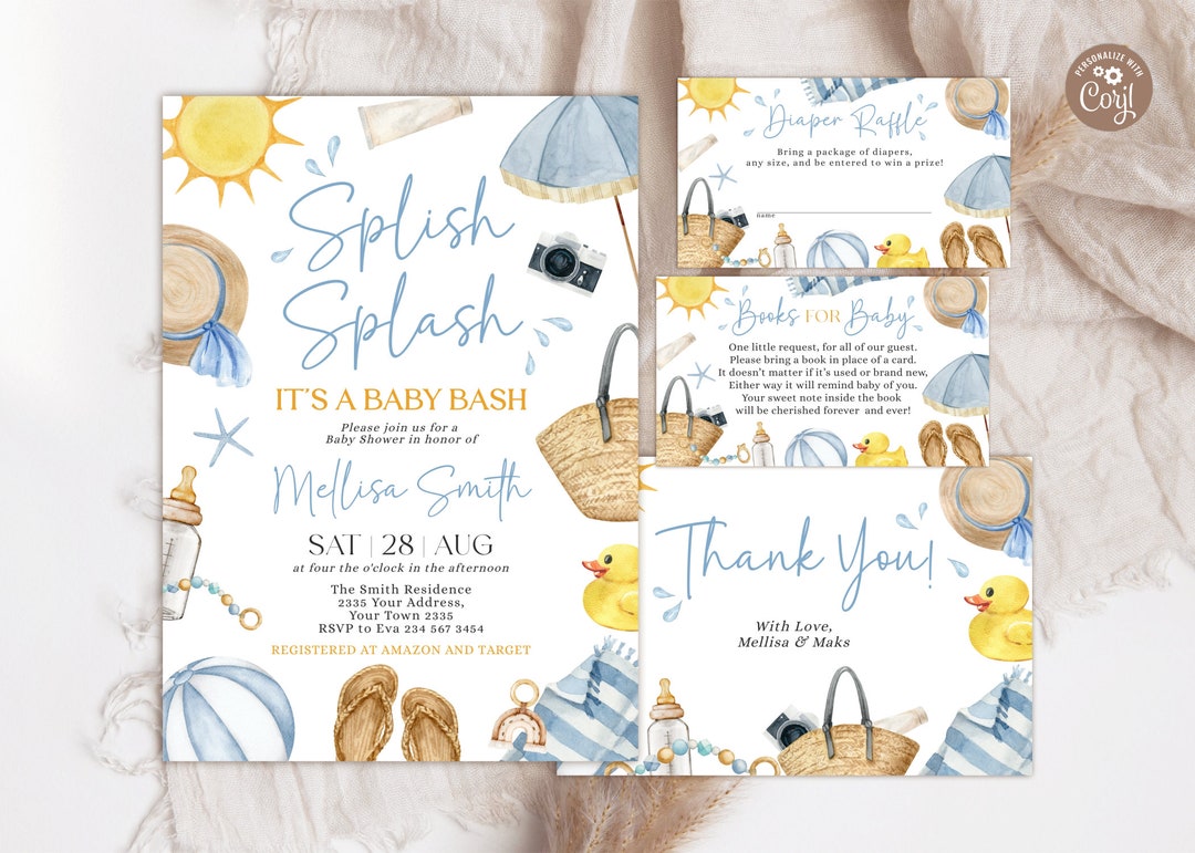 Editable Splish Splash Baby Shower Invitation Set. Blue Beach Summer ...