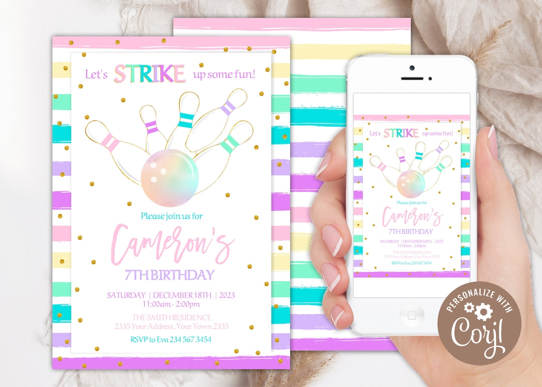 Editable Bowling Girl Birthday Party Invitation. Girls Party Invite ...