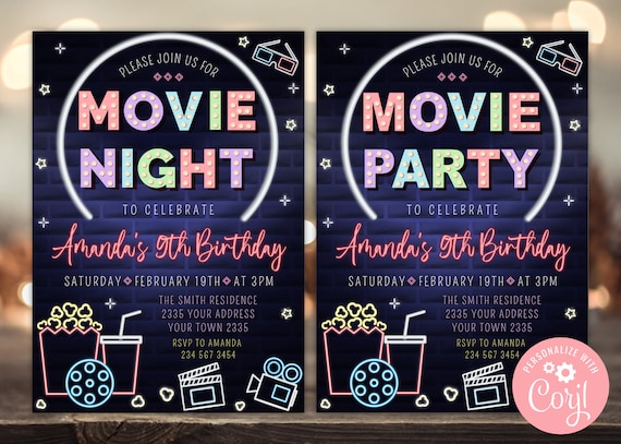 Editable Movie Night Girl Birthday Party Invitation. Movie - Etsy