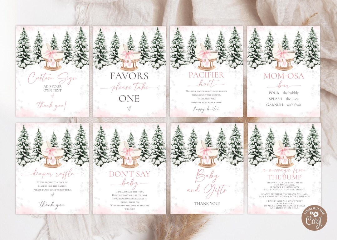 Editable Winter Pink Bow Cradle Baby Shower Sign Bundle. Baby It's Cold ...