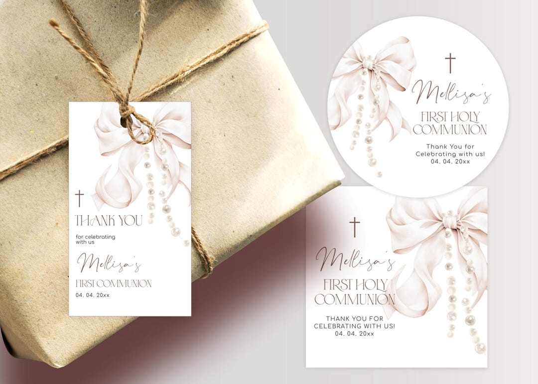 Editable First Holy Communion Tags Set With Beige Bow and Pearls ...