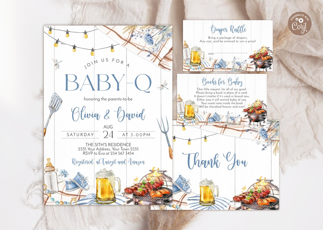 Editable Blue Baby-q Shower Invitation Set. Babyq Baby Shower ...