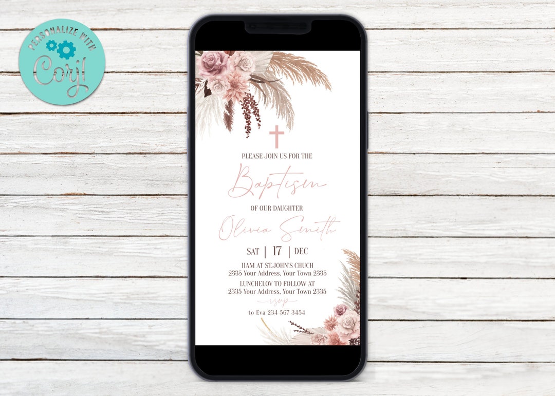 Editable Boho Baptism Invitation. Bohemian Christening Evite. Pampas ...